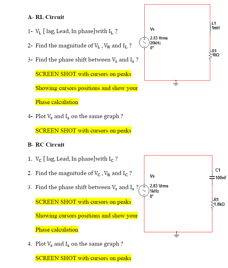 Solved A-RL Circuit \L1 1mH 1- VL [lag, Lead, In phase]with | Chegg.com