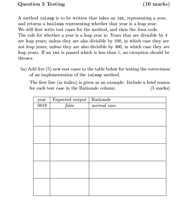 Solved (10 marks) Question 5 Testing A method isLeap is to | Chegg.com