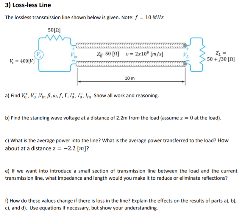 3) Loss-less Line The lossless transmission line | Chegg.com
