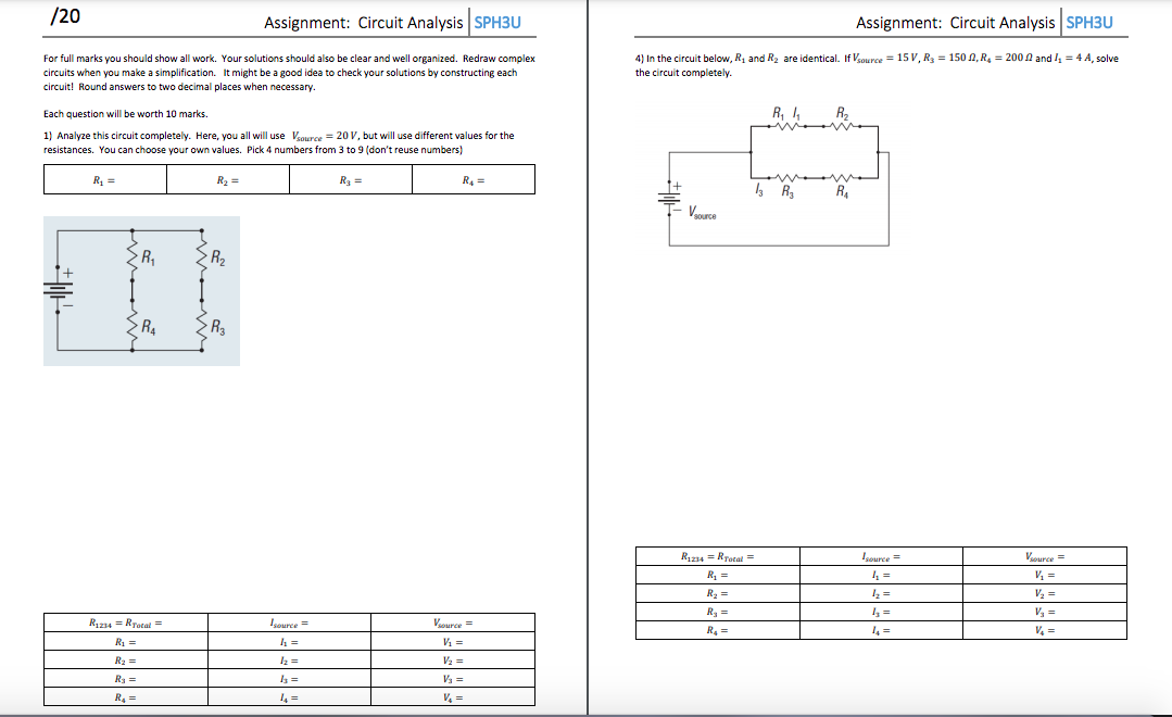 Solved /20 Assignment: Circuit Analysis SPH3U Assignment: | Chegg.com