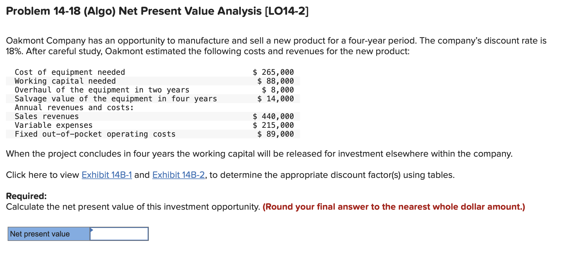 Solved Problem 14-18 (Algo) Net Present Value Analysis | Chegg.com