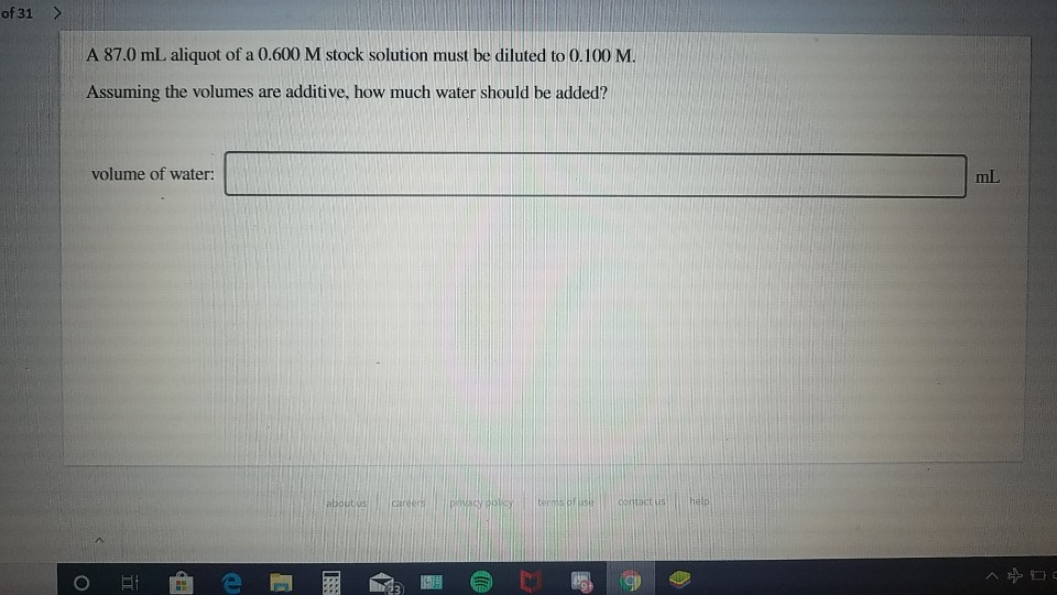 Solved of 31 > A 87.0 mL aliquot of a 0.600 M stock solution | Chegg.com