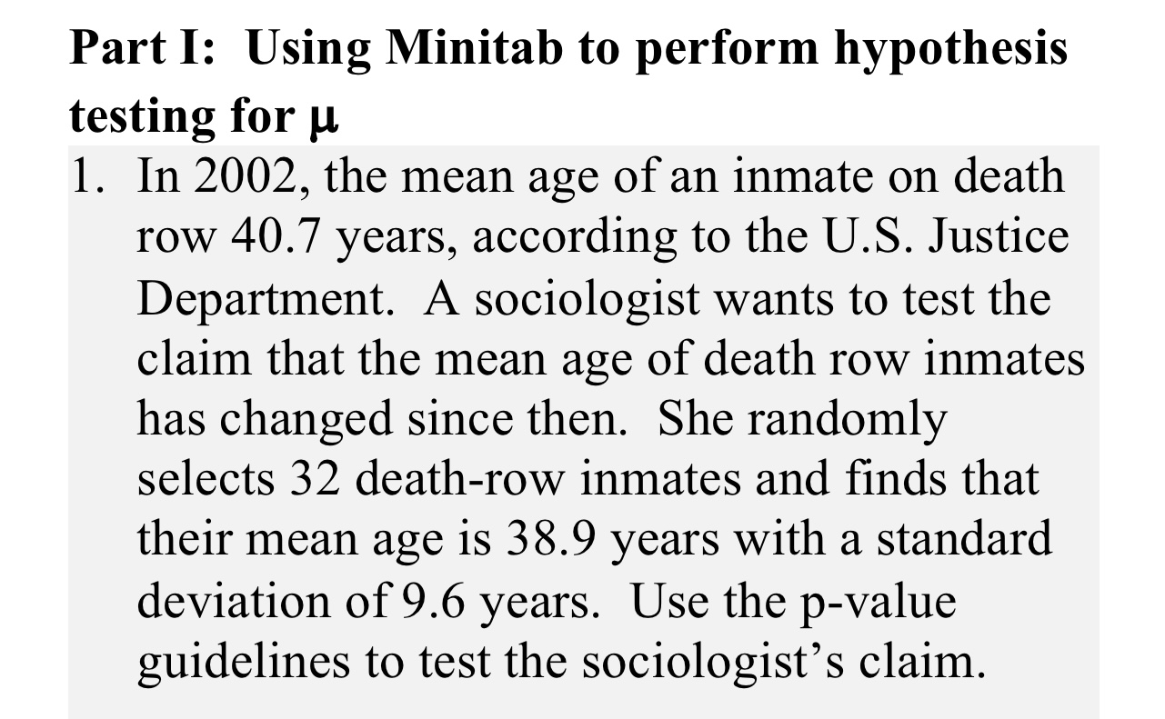 Solved Part I: Using Minitab to perform hypothesistesting | Chegg.com