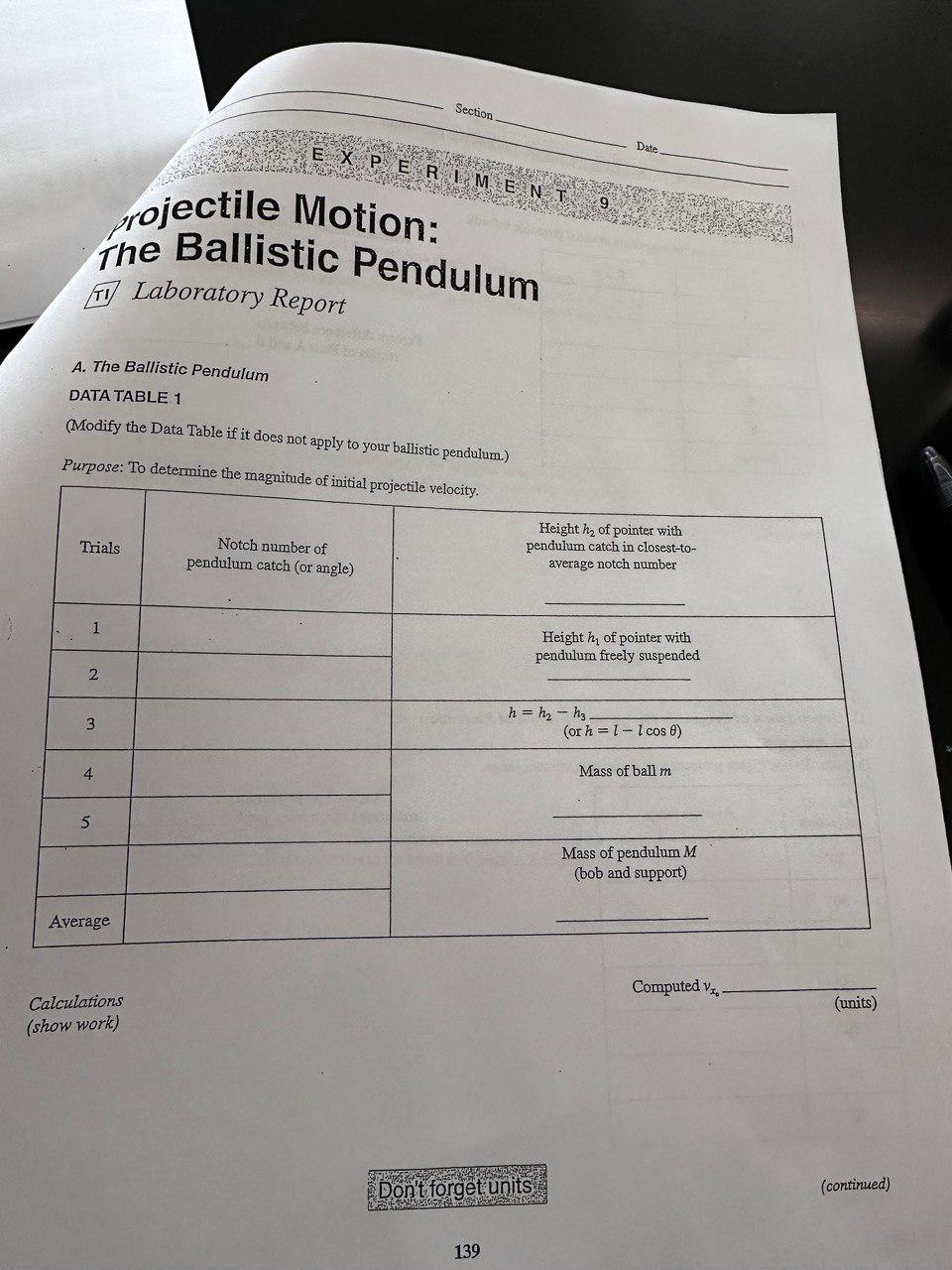 A. The Ballistic Pendulum DATA TABLE 1 (Modify the | Chegg.com