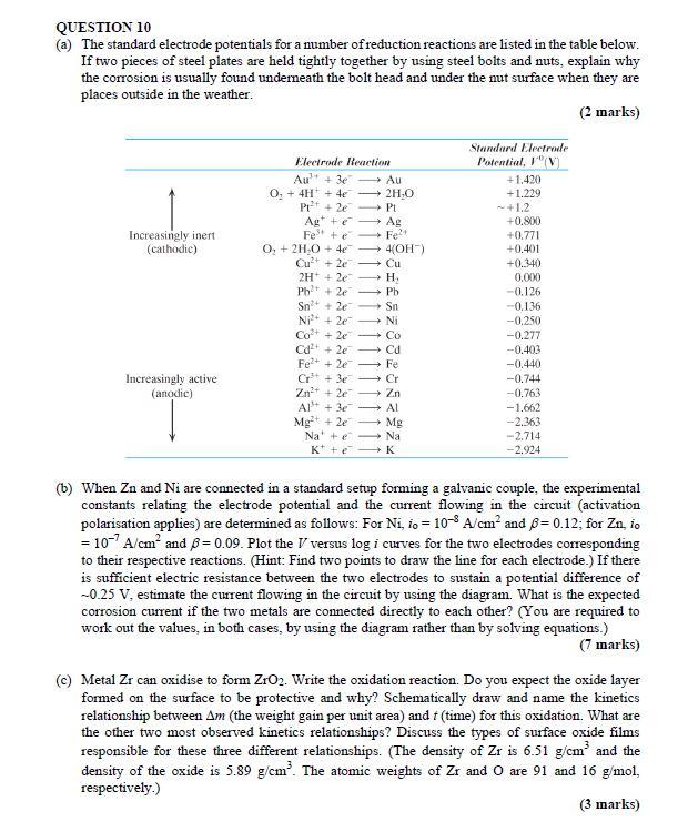 QUESTION 10 (a) The standard electrode potentials for | Chegg.com