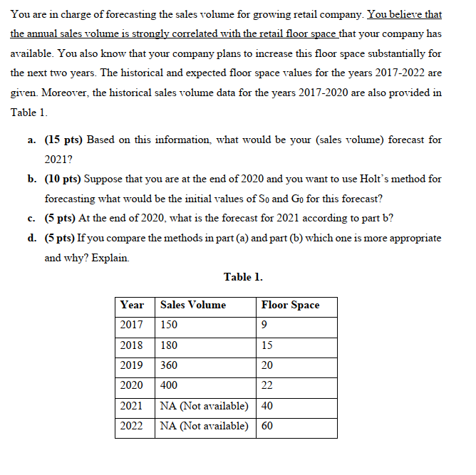 Solved You are in charge of forecasting the sales volume for | Chegg.com