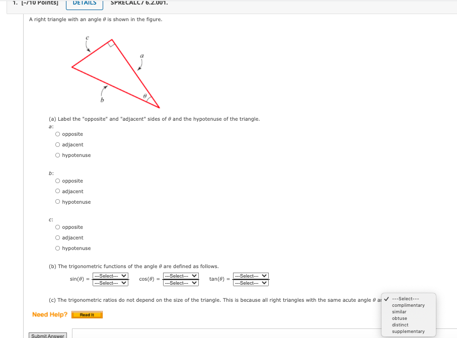 Solved 1. |-710 Points) DETAILS SPRECALC/ 6.2.001. A right | Chegg.com