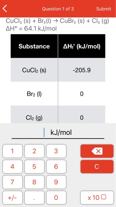 Solved Question 1 of 3 Submit CuCl2 (s) Br2(1)CuBr2 (s) Cl2 | Chegg.com