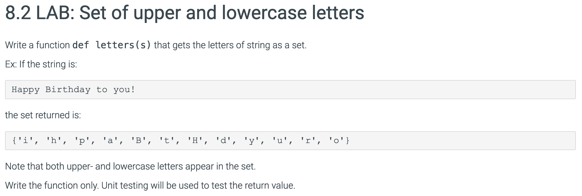 Solved 8.2 LAB: Set of upper and lowercase letters Write a | Chegg.com Solved 8.2 LAB: Set of upper and lowercase letters Write a | Chegg.com