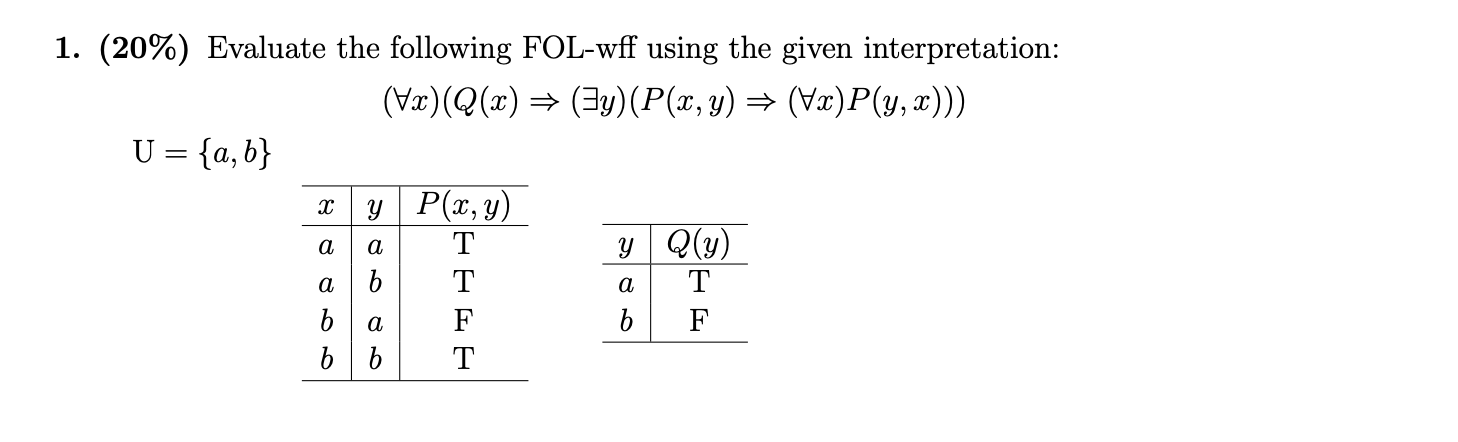 Solved 1. (20%) Evaluate the following FOL-wff using the | Chegg.com