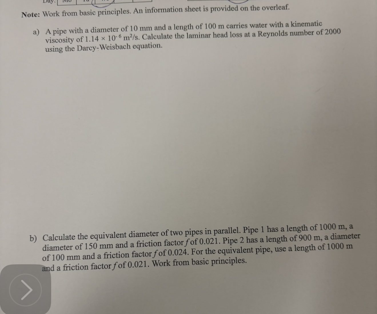 Solved b) ﻿Calculate the equivalent diameter of two pipes in | Chegg.com