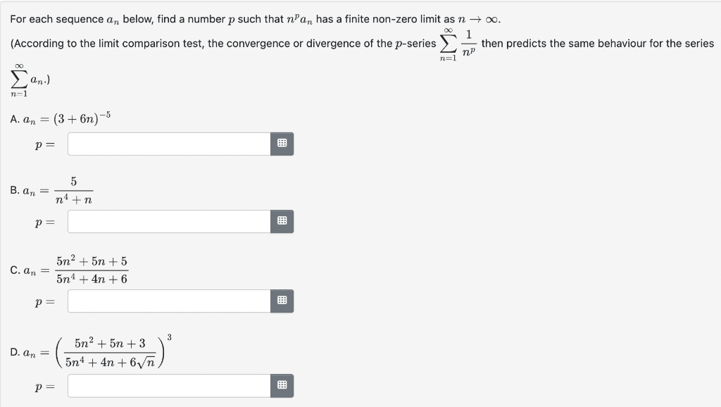 Solved For each sequence an below, find a number p such that | Chegg.com