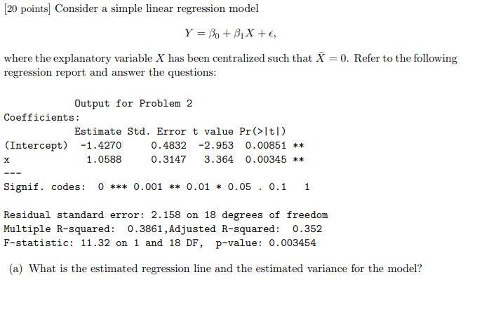 Solved [20 points] Consider a simple linear regression model | Chegg.com