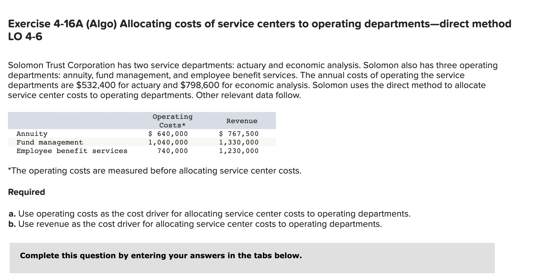 Solved Exercise 4-16A (Algo) Allocating costs of service | Chegg.com