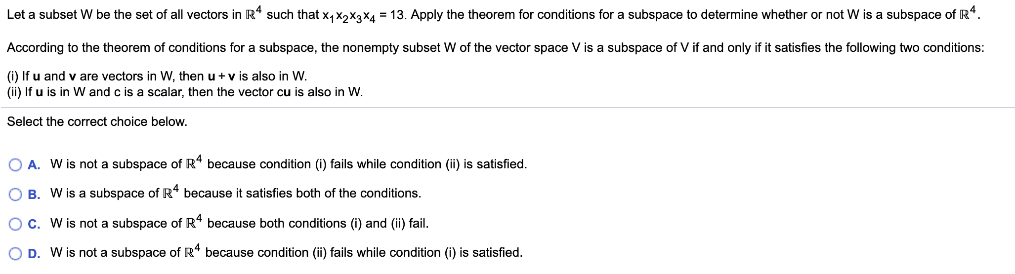 Solved Let a subset W be the set of all vectors in R4 such | Chegg.com