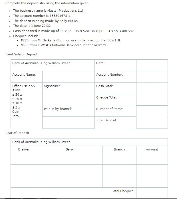 Solved Complete the deposit slip using the information | Chegg.com