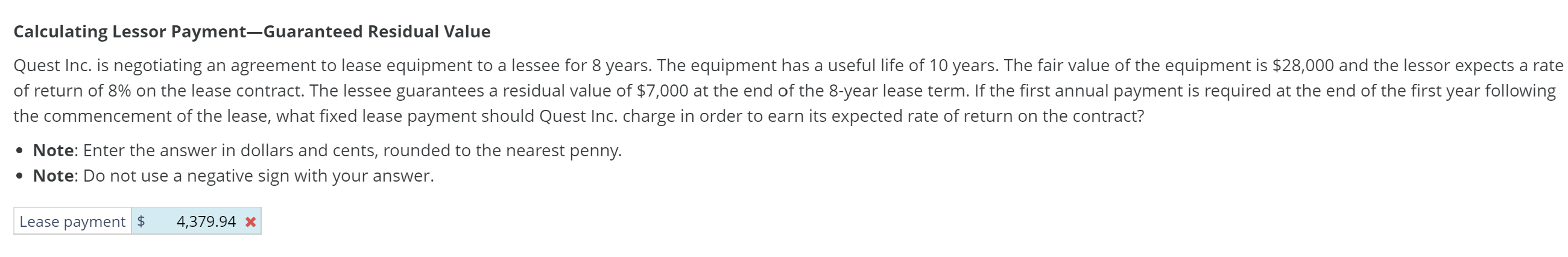 Solved Calculating Lessor Payment-Guaranteed Residual Value | Chegg.com