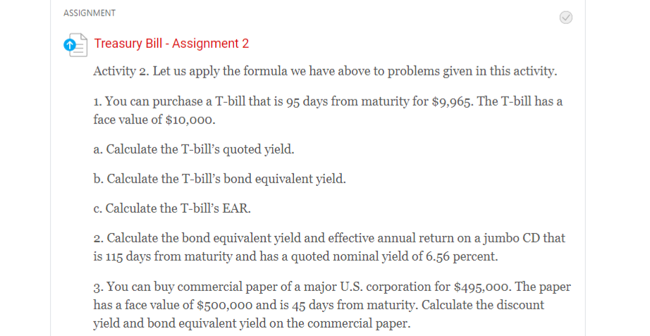 Solved ASSIGNMENT Treasury Bill - Assignment 2 Activity 2. | Chegg.com