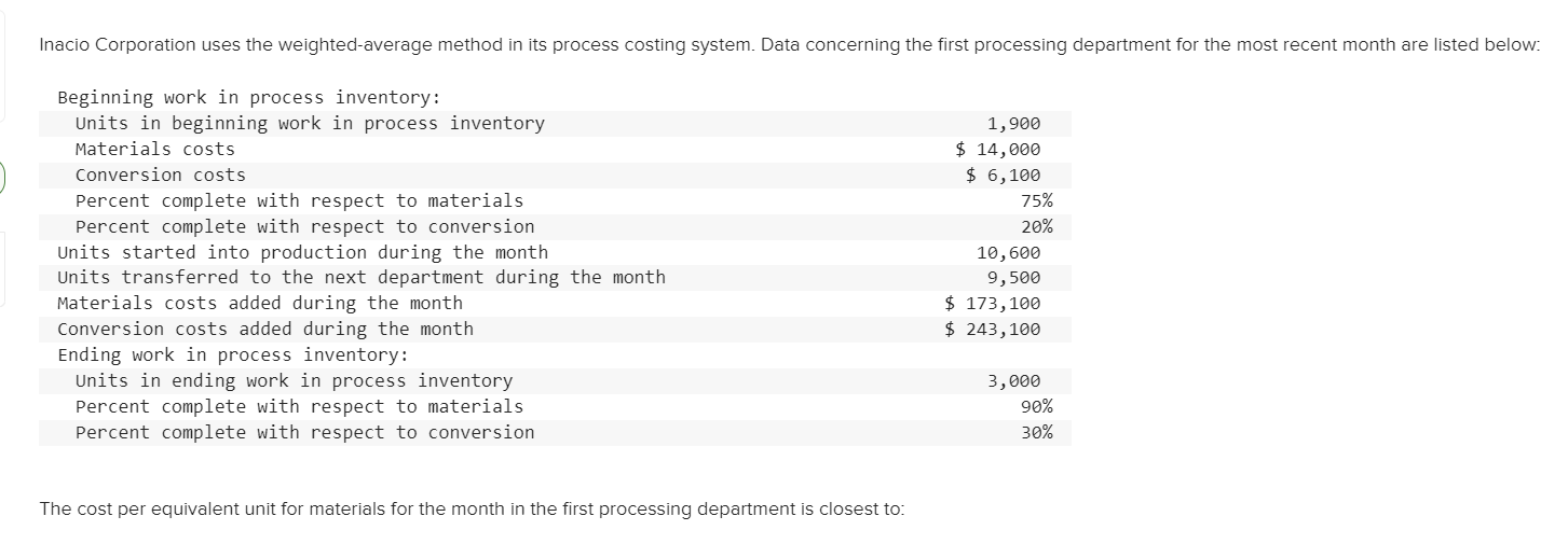 Solved The cost per equivalent unit for materials for the | Chegg.com