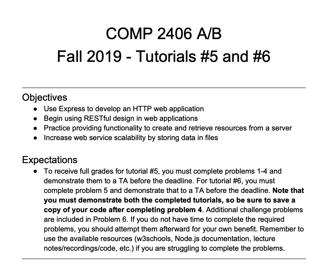COMP 2406 A/B Fall 2019 - Tutorials #5 and #6 | Chegg.com