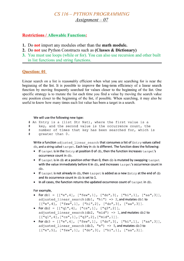 Solved Python Programming Restrictions