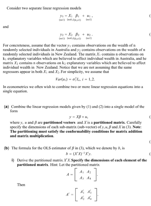 Consider two separate linear regression models and | Chegg.com