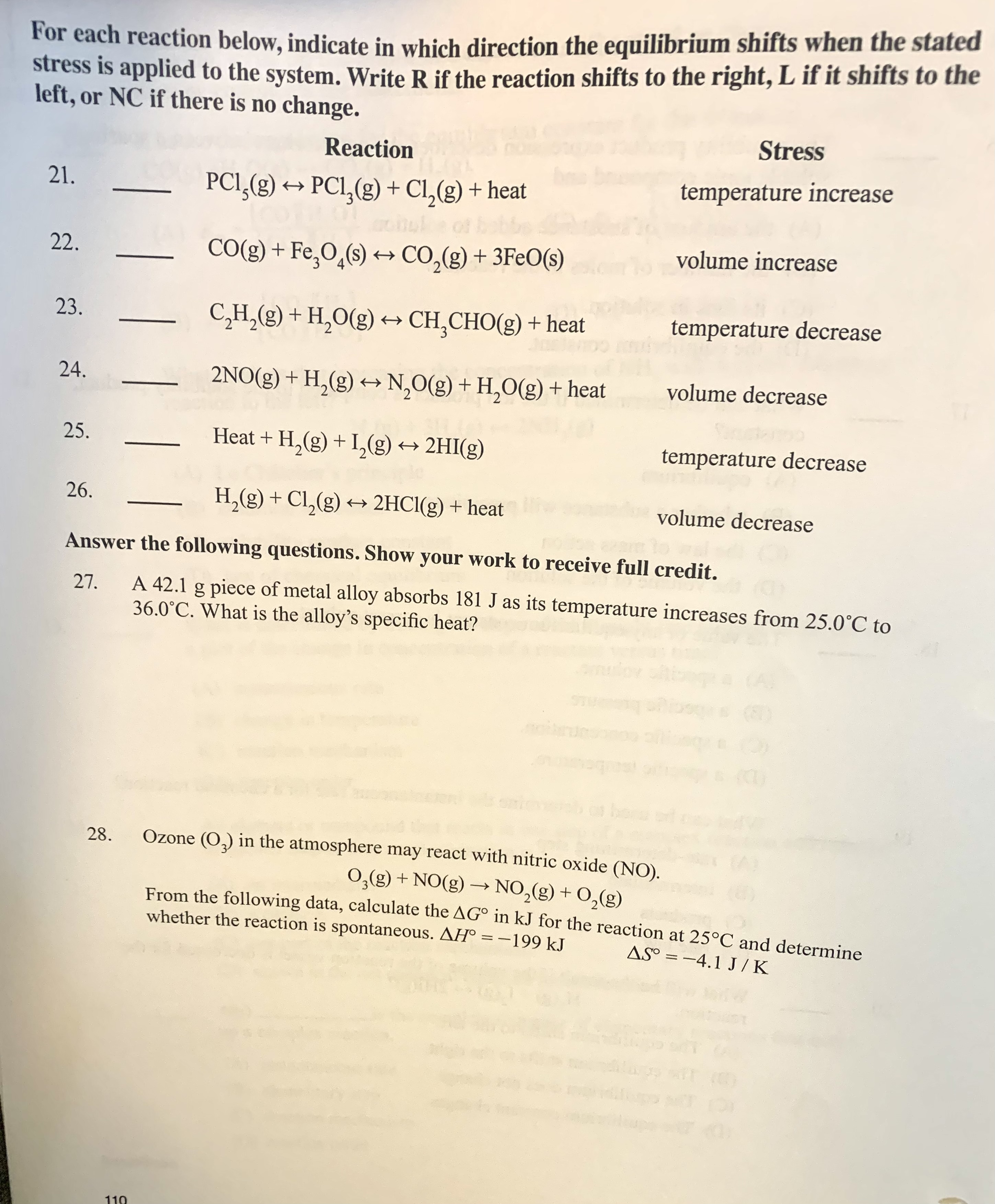 Solved For each reaction below, indicate in which direction | Chegg.com
