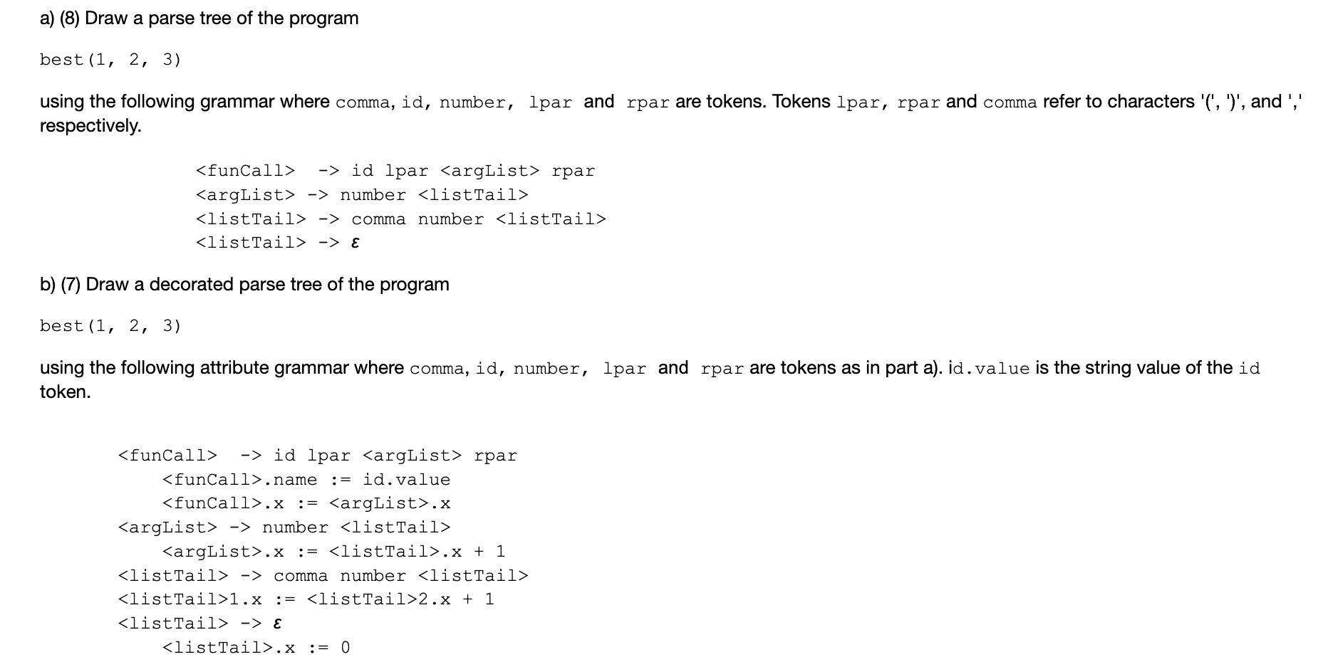 Solved a) (8) Draw a parse tree of the program best (1, 2, | Chegg.com