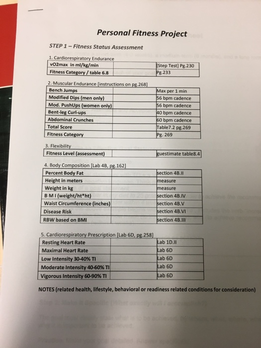 Personal Fitness Project STEP 1 - Fitness Status | Chegg.com