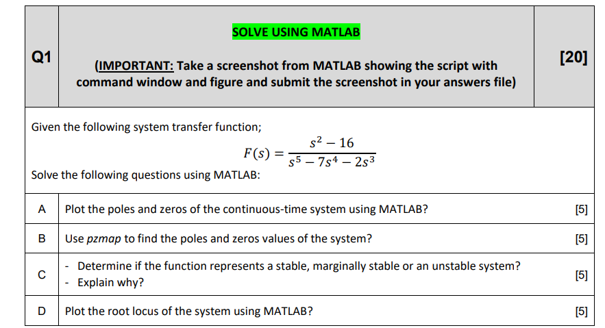 Solved SOLVE USING MATLAB Q1 [20] (IMPORTANT: Take a | Chegg.com
