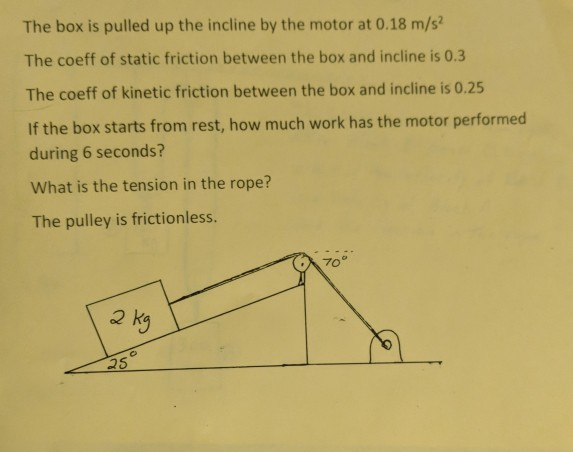 Solved The box is pulled up the incline by the motor at 0.18 | Chegg.com
