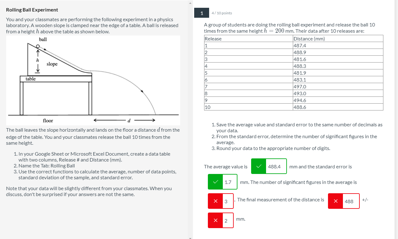 Solved 1 4/ 10 points Rolling Ball Experiment You and your | Chegg.com