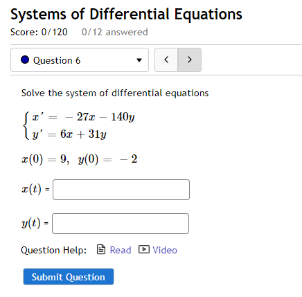 Solved Systems of Differential Equations Score: 0/1200/12 | Chegg.com