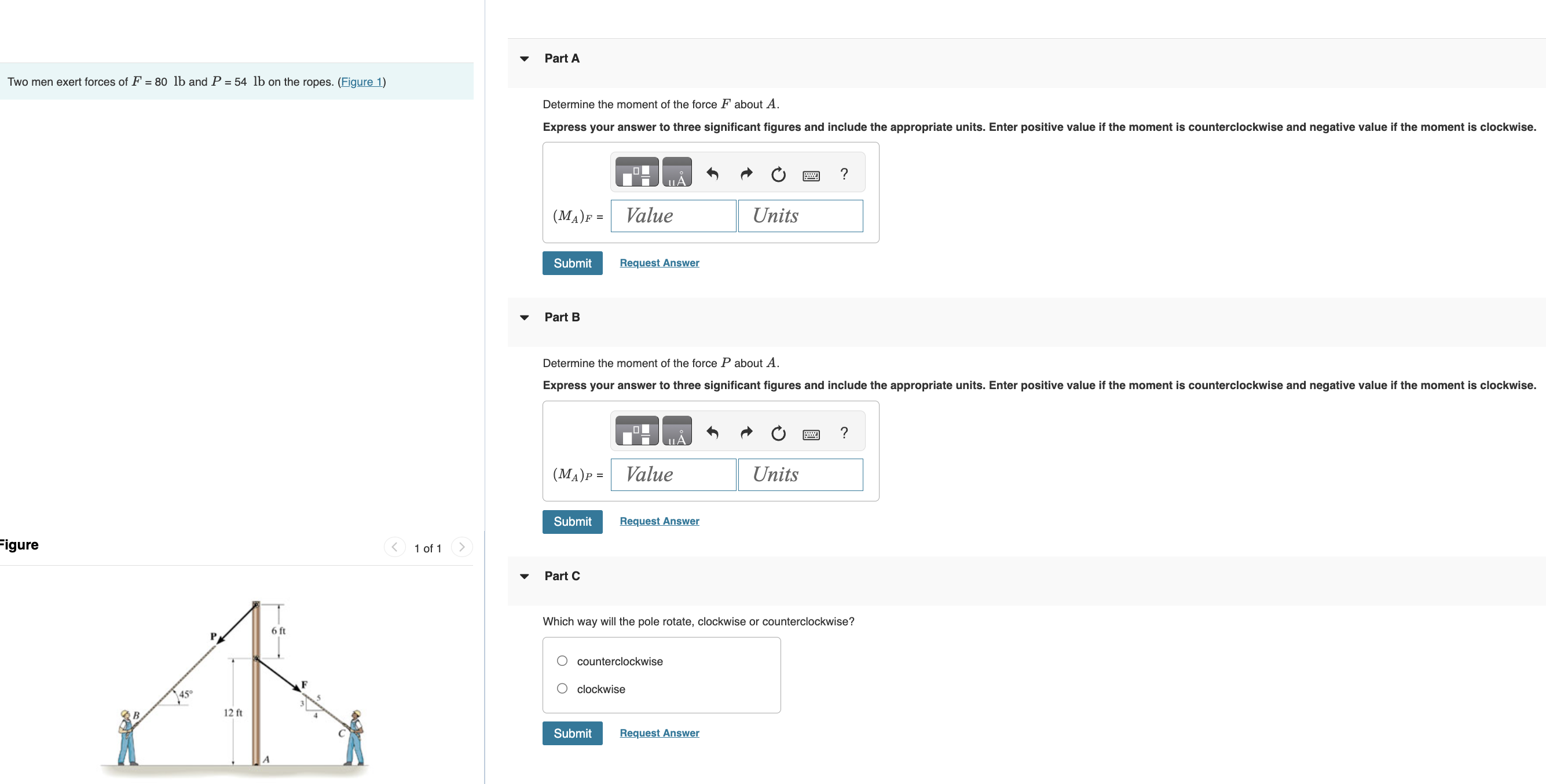 Solved Two men exert forces of F=80lb and P=54lb on the | Chegg.com
