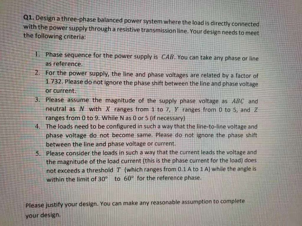Solved Q1. Design a three-phase balanced power system where | Chegg.com