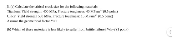 Solved 5. (a) Calculate the critical crack size for the | Chegg.com