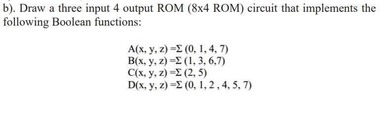 Solved b). ﻿Draw a three input 4 ﻿output ROM ( 8×4 ﻿ROM) | Chegg.com