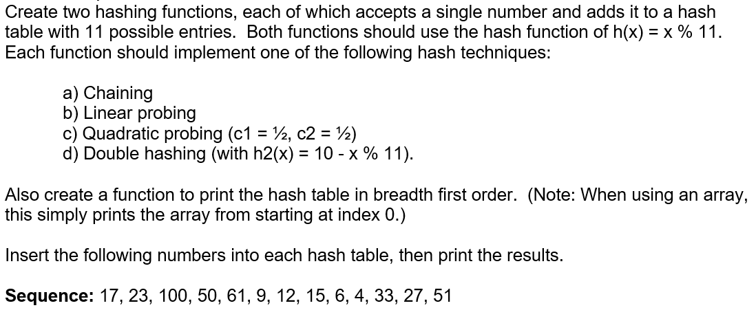 Solved Create two hashing functions, each of which accepts a | Chegg.com