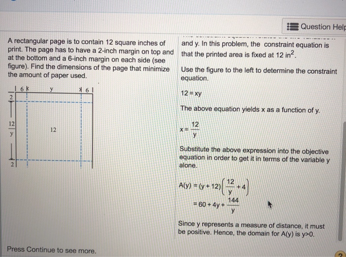 Solved Question Help A rectangular page is to contain 12 | Chegg.com