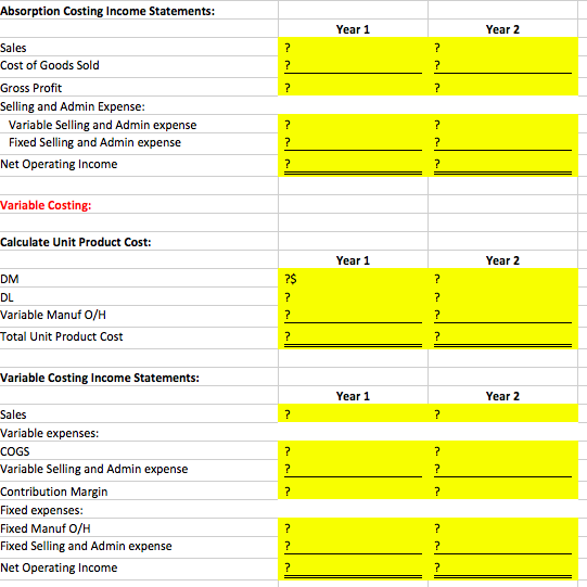 Solved Variable and Absorption Costing Spreadsheet | Chegg.com