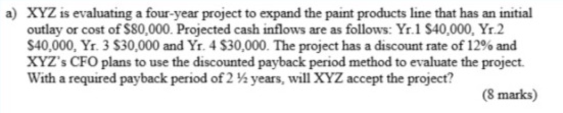 Solved a) XYZ is evaluating a four-year project to expand | Chegg.com