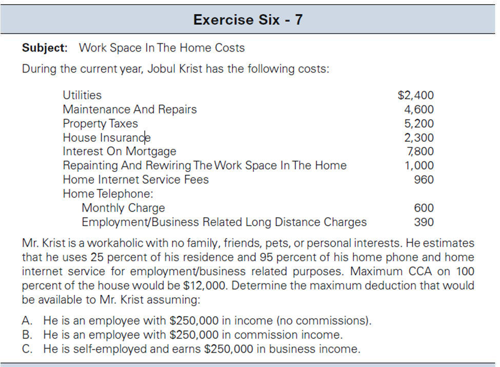 Solved Subject: Work Space In The Home Costs During the | Chegg.com