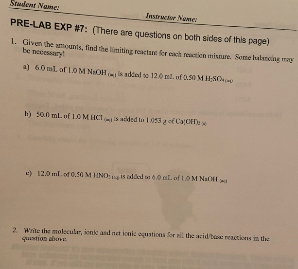 Solved Student Name: Instructor Name: PRE-LAB EXP #7: (There | Chegg.com