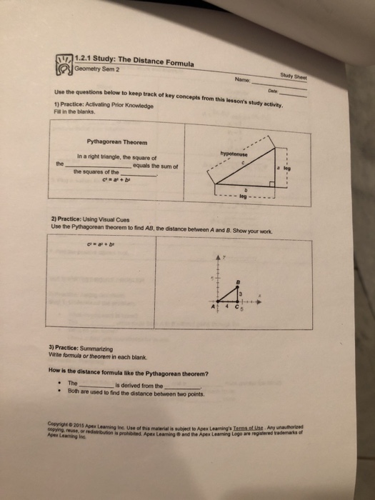 Solved: 1.2.1 Study. The Distance Formula Geometry Sem 2 S... | Chegg.com