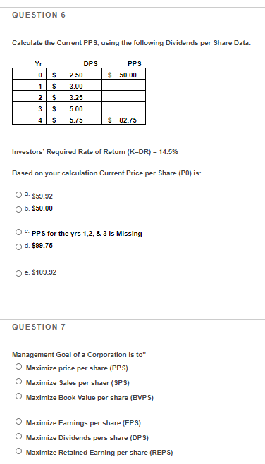 Solved QUESTION 6 Calculate the Current PPS, using the | Chegg.com