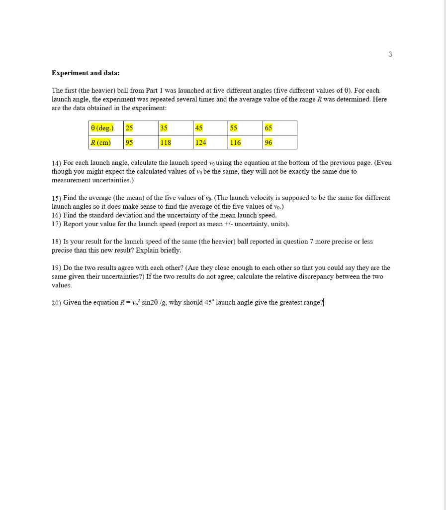 Solved LAB 3: Projectile Motion You will need a few formulas | Chegg.com
