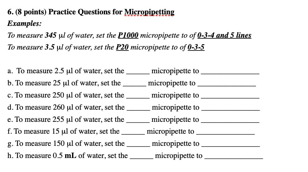Solved 6. (8 points) Practice Questions for Micropipetting | Chegg.com