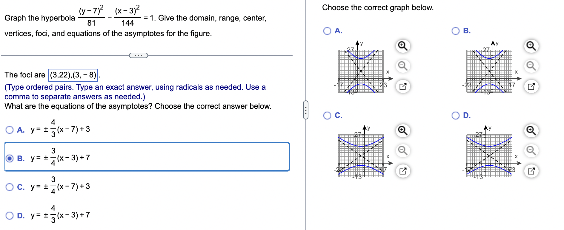 Solved Choose the correct graph below. (y-7)2 (x-3)2 Graph | Chegg.com