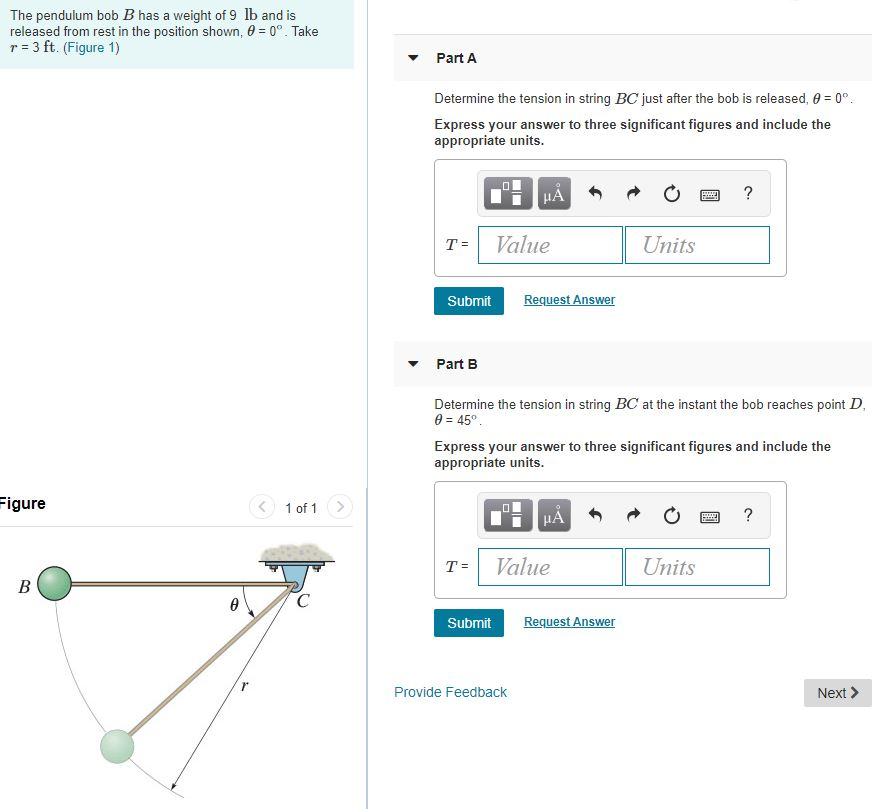 Solved The pendulum bob B has a weight of 9 lb and is | Chegg.com