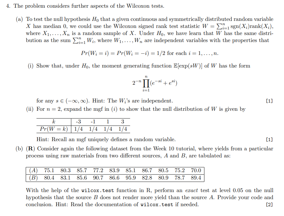 Solved he problem considers further aspects of the Wilcoxon | Chegg.com
